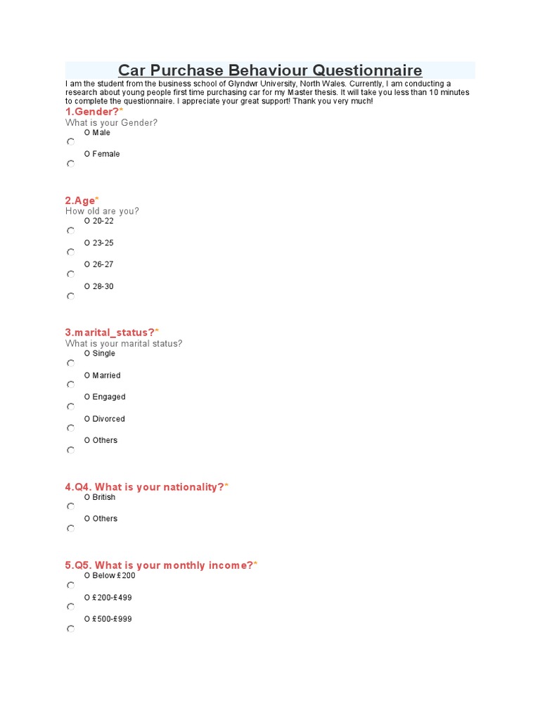 Car Questionnaire | PDF | Anti Lock Braking System | Advertising