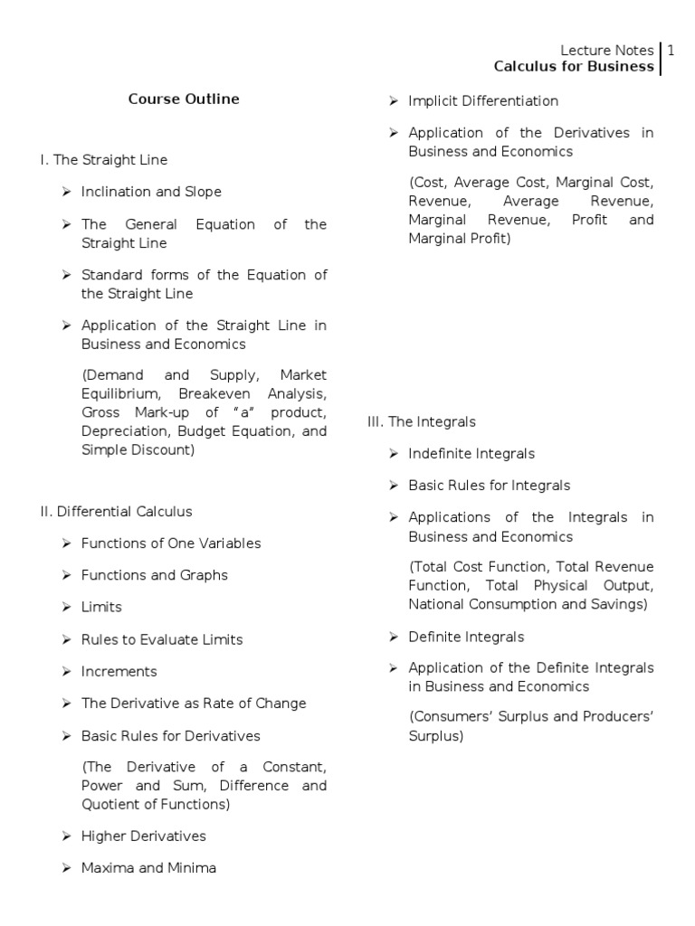 Calculus For Business (Course Outline) | Download Free PDF | Derivative ...
