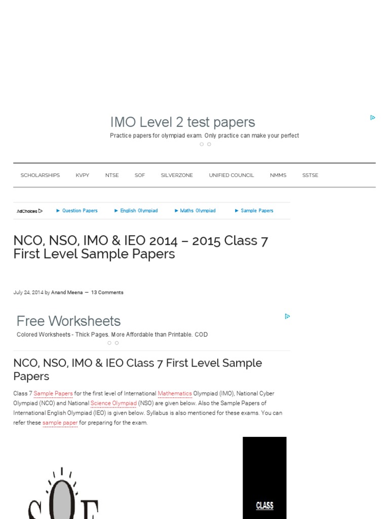 NCO, NSO, IMO & IEO 2014 - 2015 Class 7 First Level Sample Papers | PDF ...