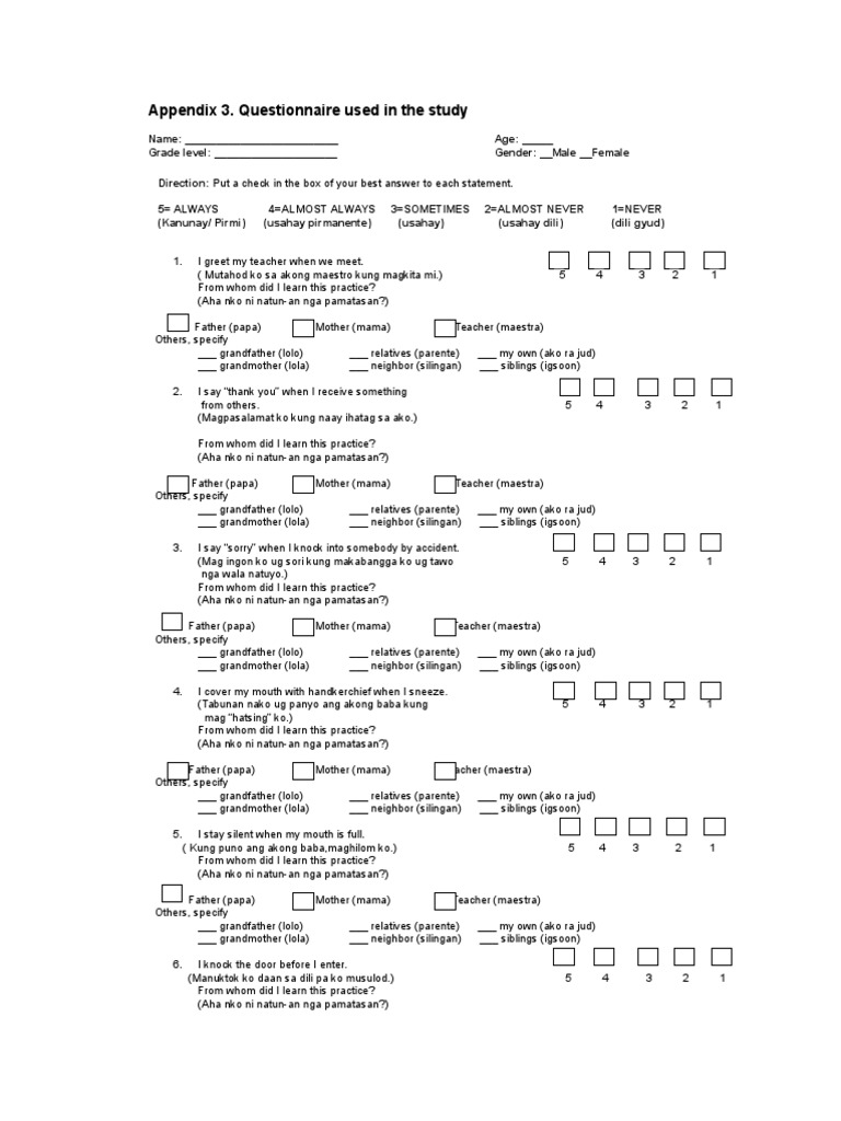 Appendix 3. Questionnaire Used in The Study | PDF | Language Arts ...