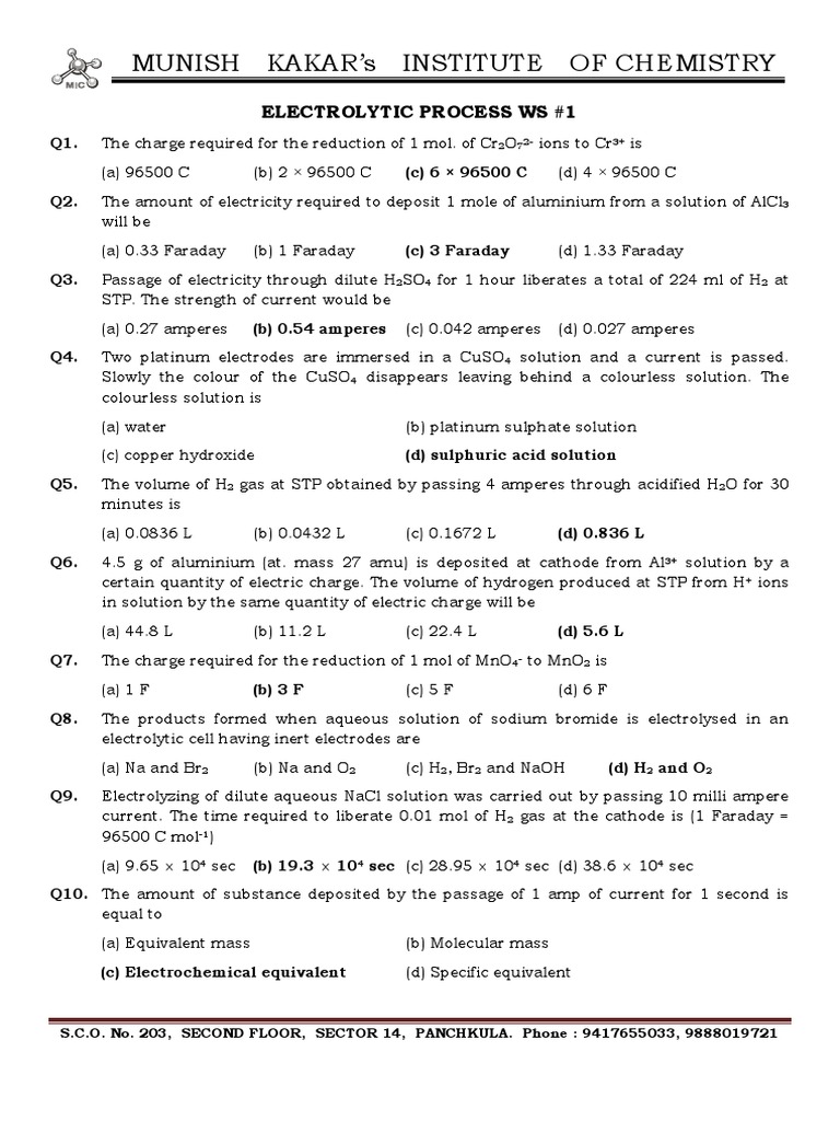 Electrolytic Process (WS 1) +2 | PDF | Physical Chemistry | Sets Of ...