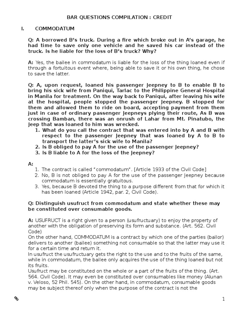 Analysis of Bar Exam Questions Pertaining to Contracts of Credit ...