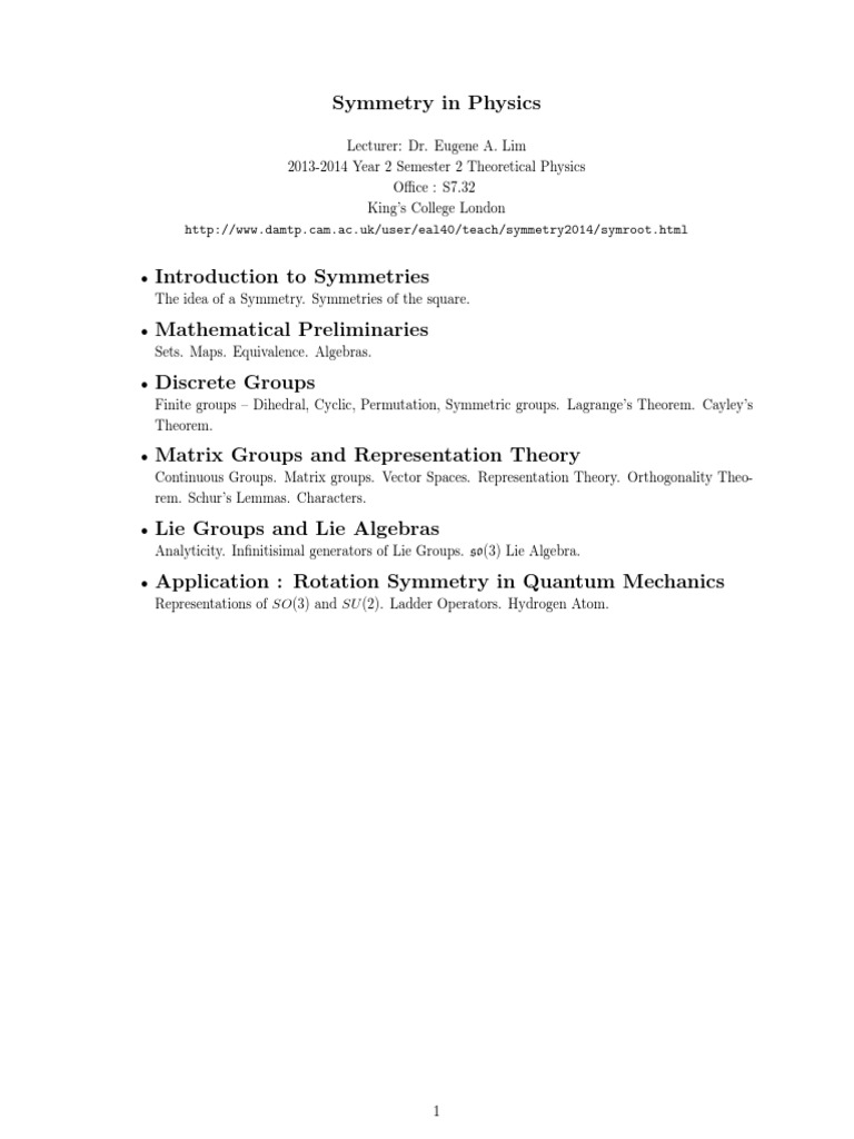 Lim DAMTP Course Symmetry in Physics 2015 | PDF | Group (Mathematics ...