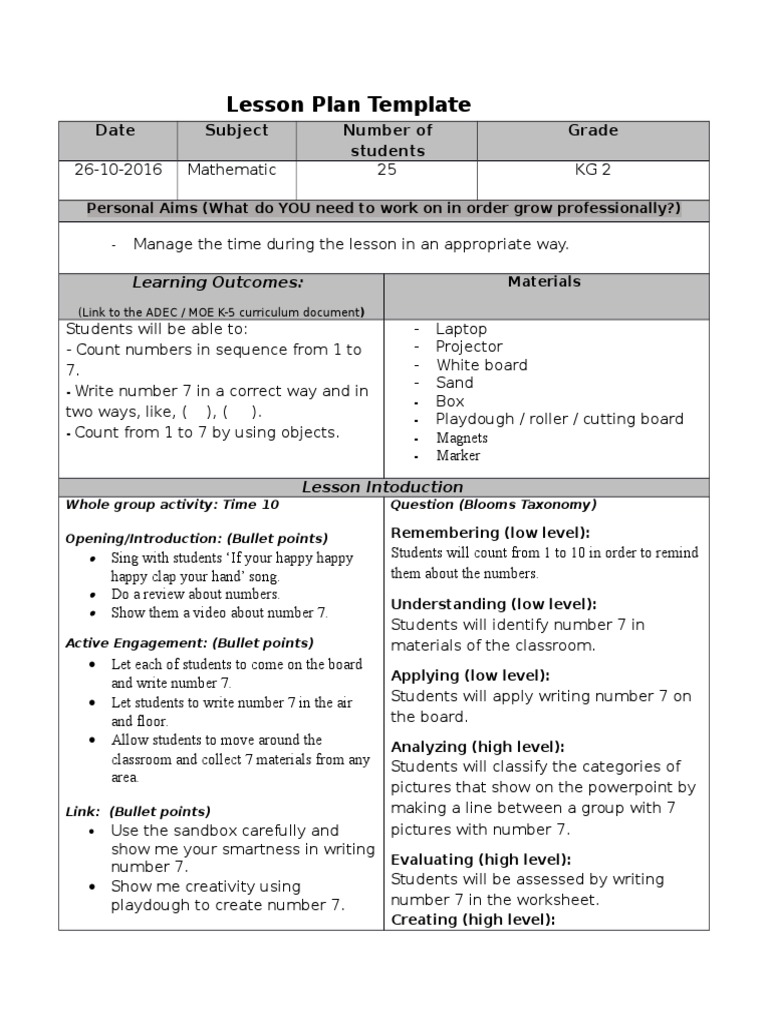 Lesson Plan Template: Date Subject Number of Students Grade | PDF ...