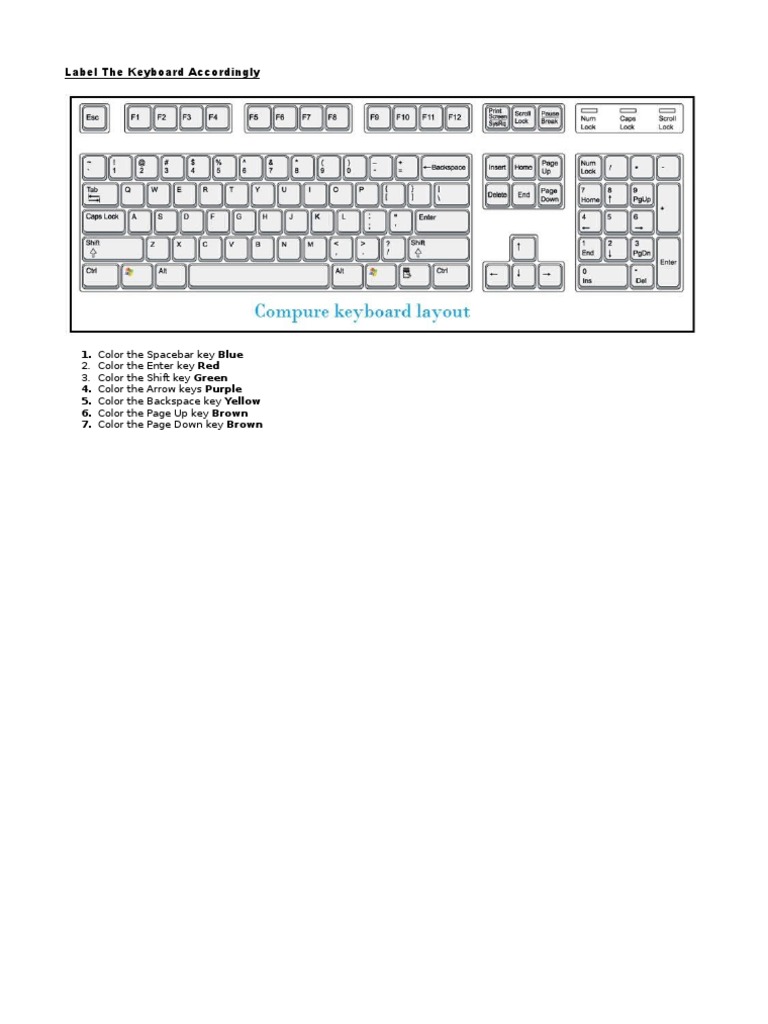 Label The Keyboard Accordingly: 1. Color The Spacebar Key Blue | PDF