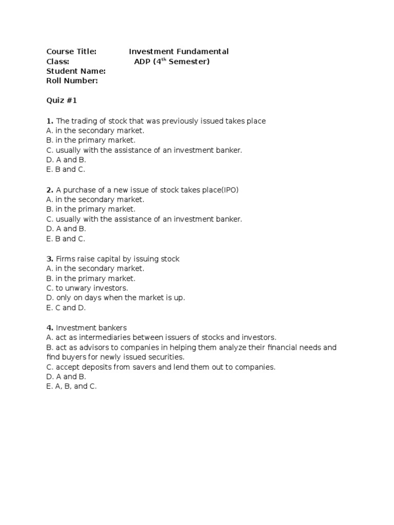 Investment Quiz | PDF | Order (Exchange) | Securities (Finance)