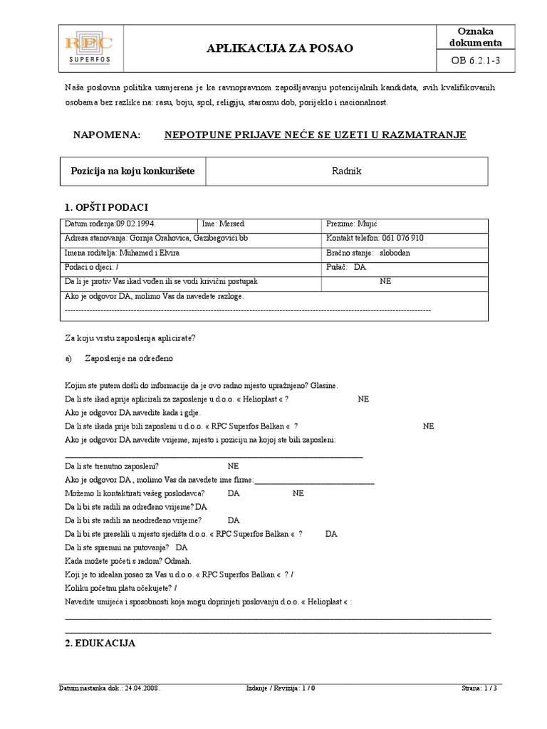 Aplikacija Za Posao | PDF