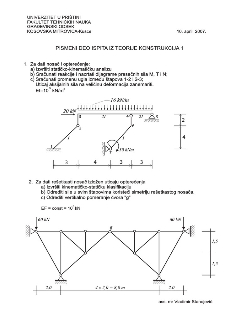 Statika Konstrukcija Ispitne Postavke | PDF