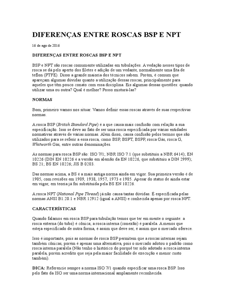 Diferenças Entre Roscas BSP e Npt. | PDF | Natureza | Science