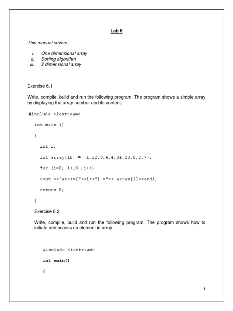 This Manual Covers: I. One Dimensional Array Ii. Sorting Algorithm Iii ...