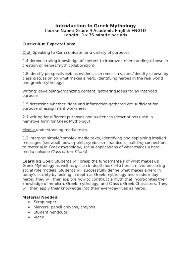 Introduction To Greek Mythology Lesson Plan Outline 3 PT | PDF ...