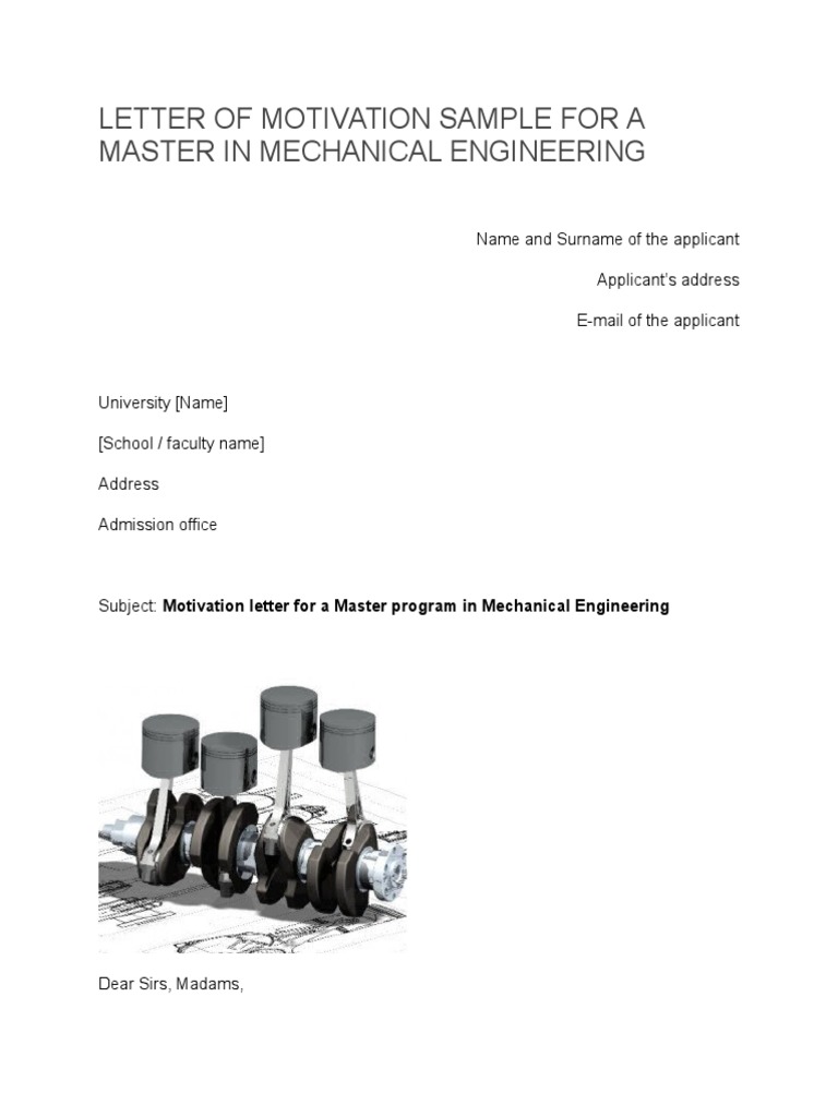 Letter of Motivation Sample For A Master in Mechanical Engineering | PDF