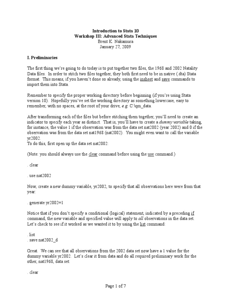 Stata WKSHP 3 | PDF | Randomness | Variable (Computer Science)