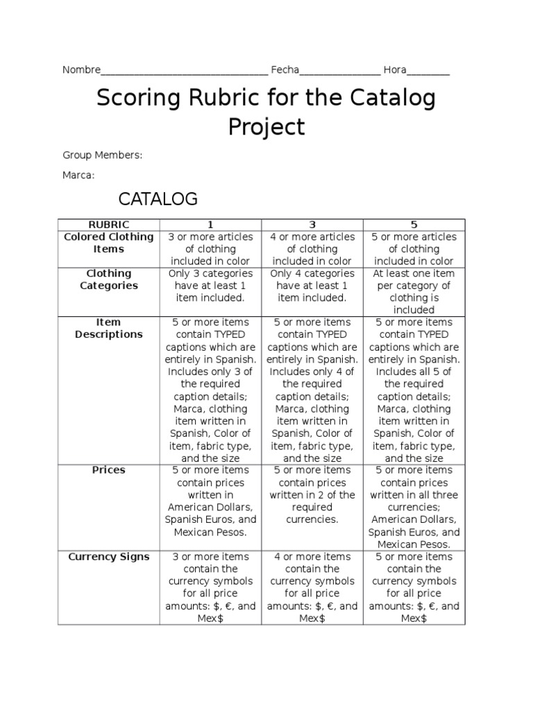 Scoring Rubric For The Catalog Project | PDF | Mexican Peso | Euro
