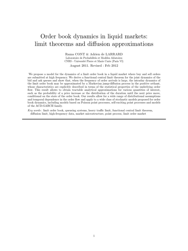 Order Book Dynamics in Liquid Markets: Limit Theorems and Diffusion Approximations | PDF | Order ...