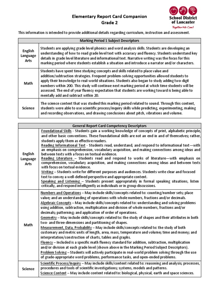 2016-17 mp1 English Report Card Companion Grade 2 | PDF | Reading ...