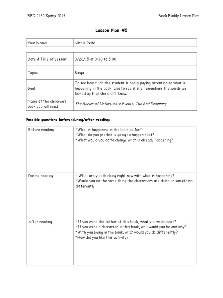 Bingo Lesson Plan for Reading Comprehension | PDF