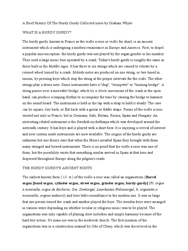 A Brief History of The Hurdy Gurdy Collected Notes by Graham Whyte ...