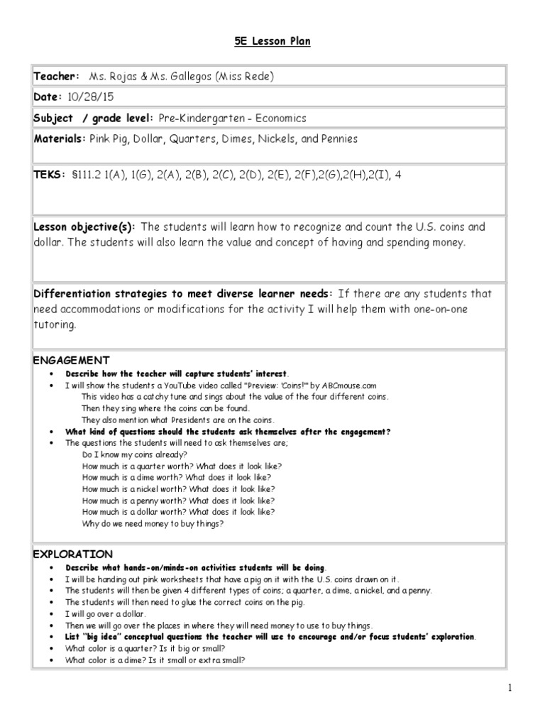 5e Lesson Pre-K Economics | PDF | Penny (United States Coin) | Coins