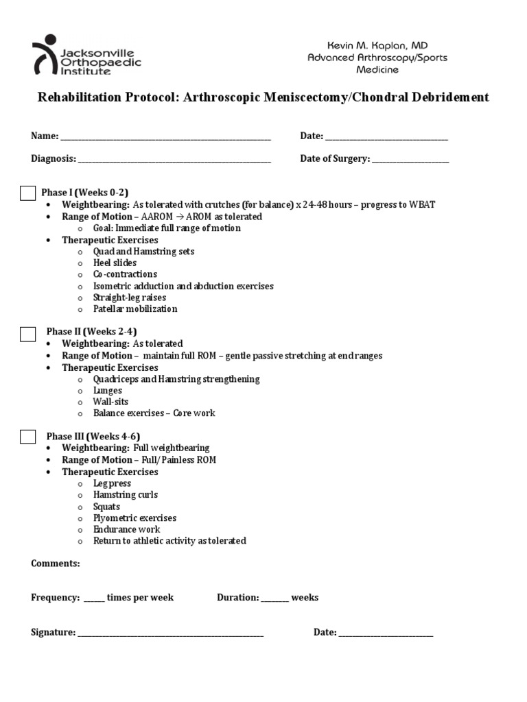 Arthroscopic Meniscectomy Chondral Debridement Rehab Protocol | PDF ...