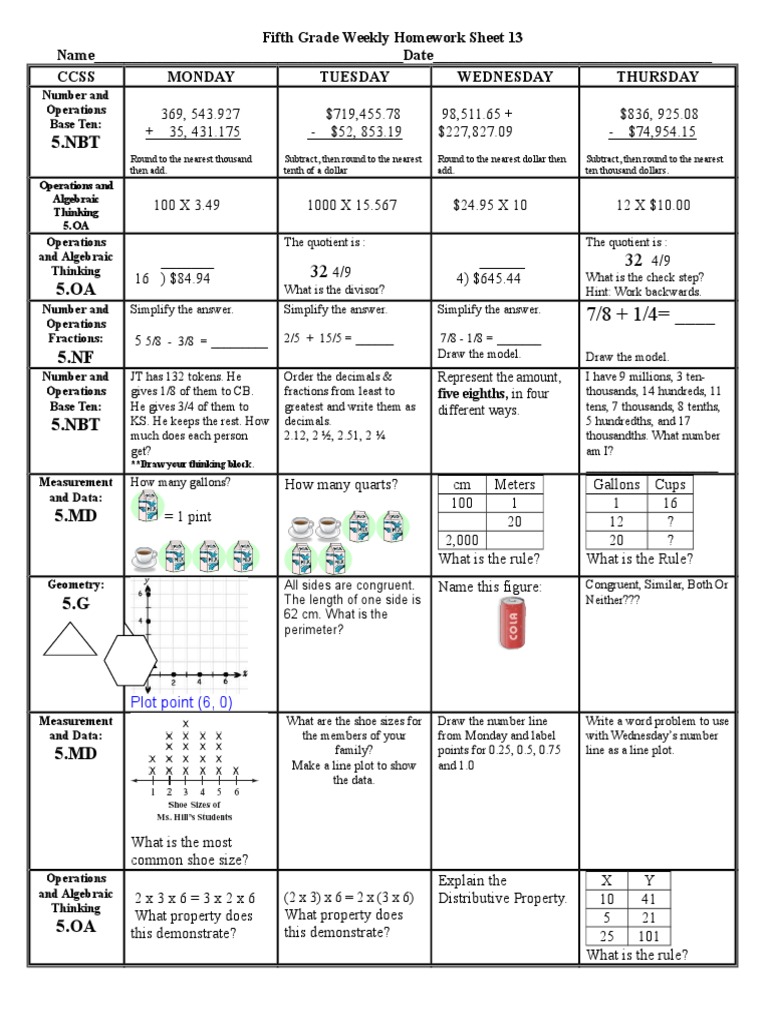 Weekly Homework Sheet Week 13 5th Grade Ccss Pdf