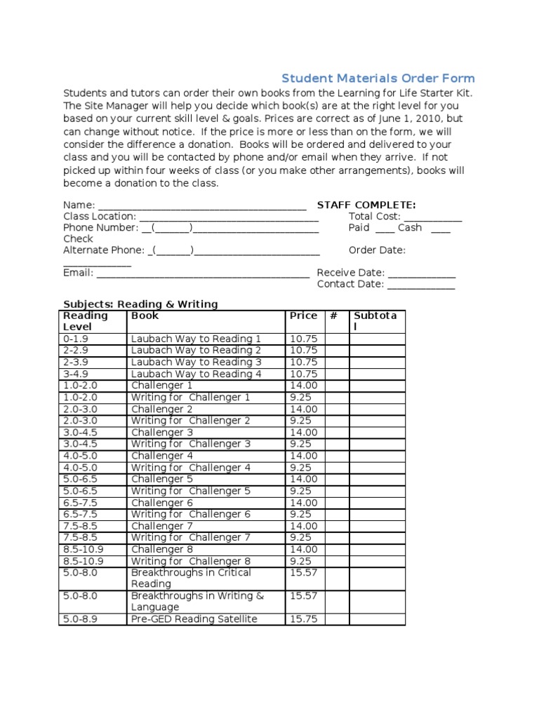 Student Materials Order Form | PDF | Teaching Mathematics | Cognition