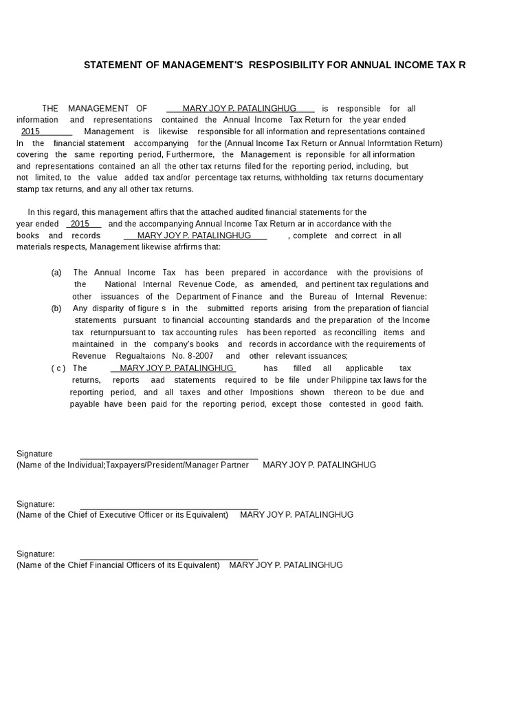 Statement of Management'S Resposibility For Annual Income Tax Return | PDF