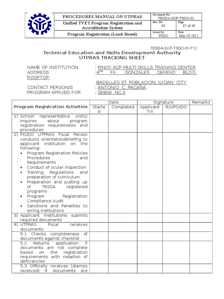 TESDA-SOP-TSDO-01-F12-TRACKING SHEETpinoy9 | PDF | Government ...