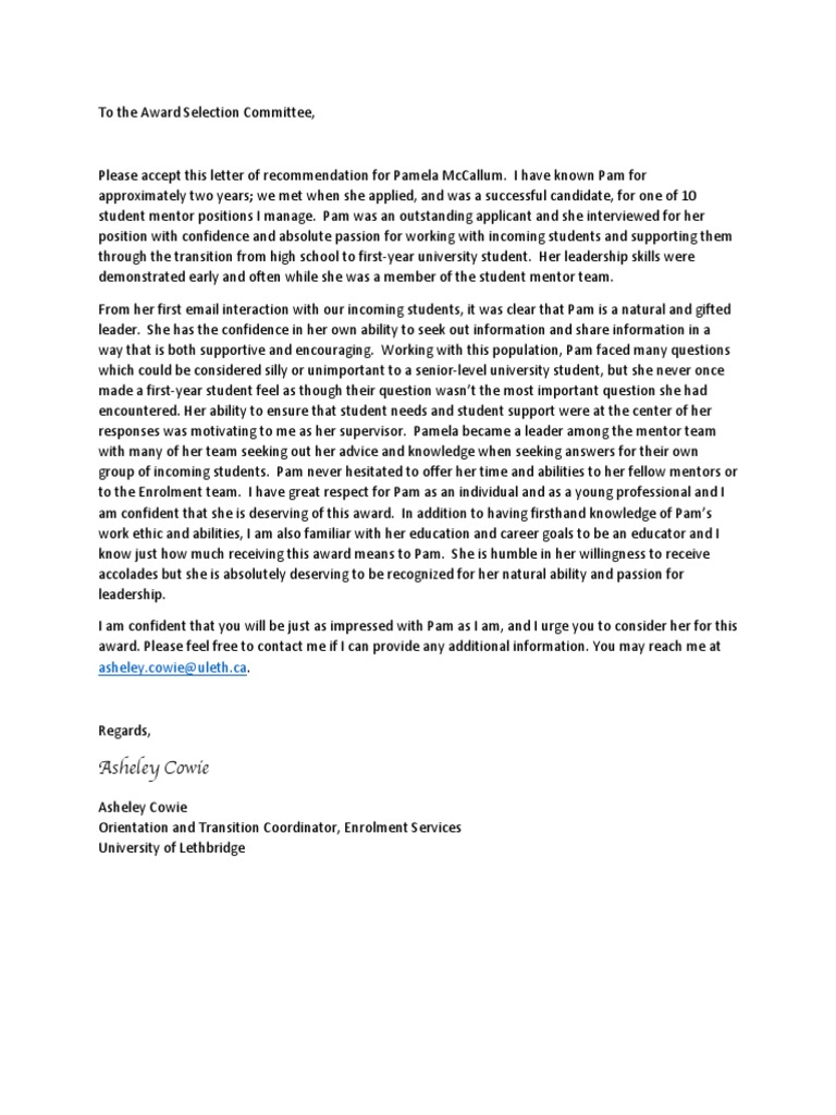 Reference Letter For Pamela Mccallum - Bill and Elsa Cade Scholarship ...