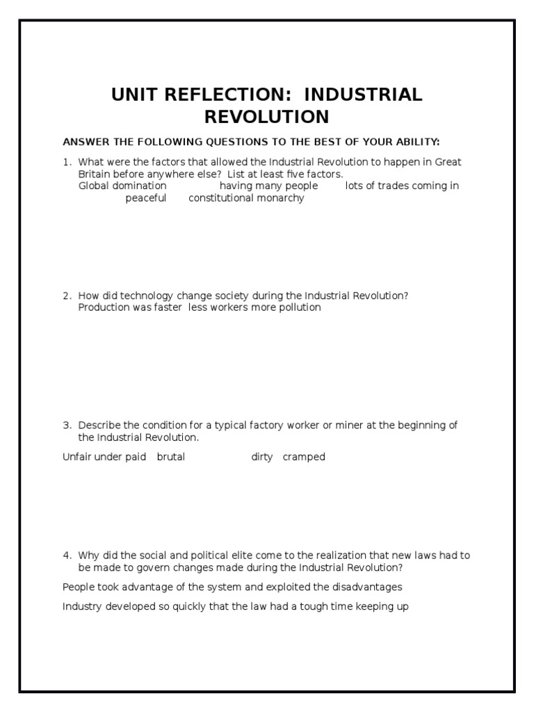 Unit Reflection Industrial Revolution | PDF
