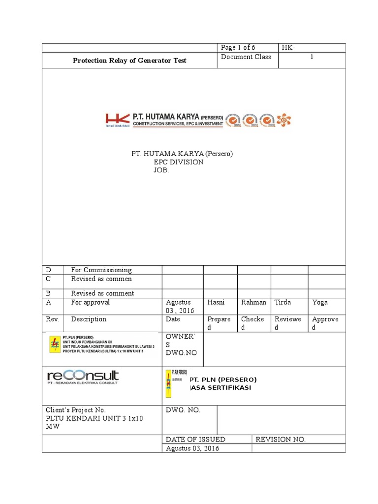 Protection Relay of Generator Test | PDF | Relay | Electric Generator