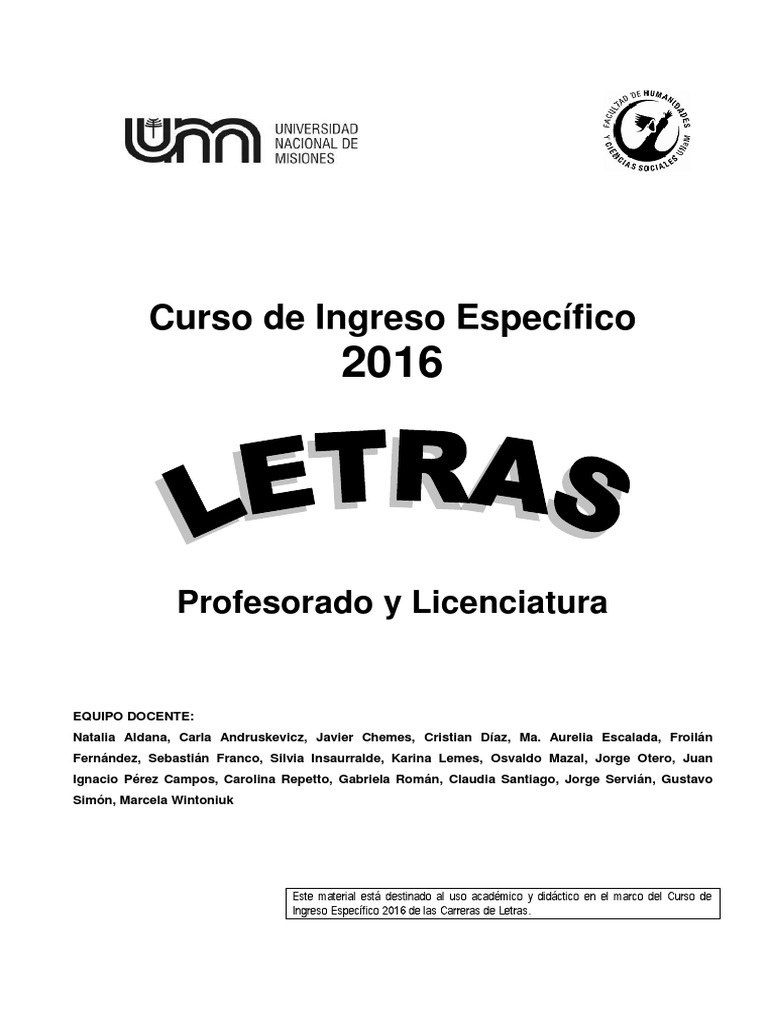 Cuadernillo Ingreso Letras 2016 | PDF | Lectura (proceso) | Comillas