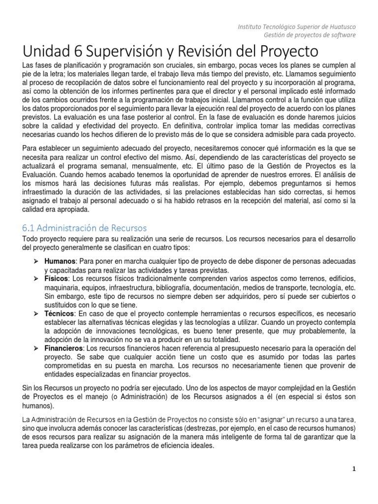 Unidad 5 Supervisión y Revisión Del Proyecto | PDF | Planificación ...