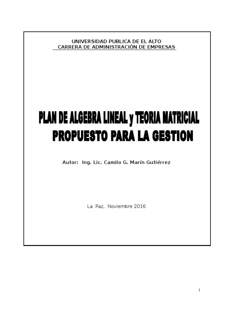 Plan Algebra Lineal Upea Admi Camy 2016 | PDF | Matriz (Matemáticas ...