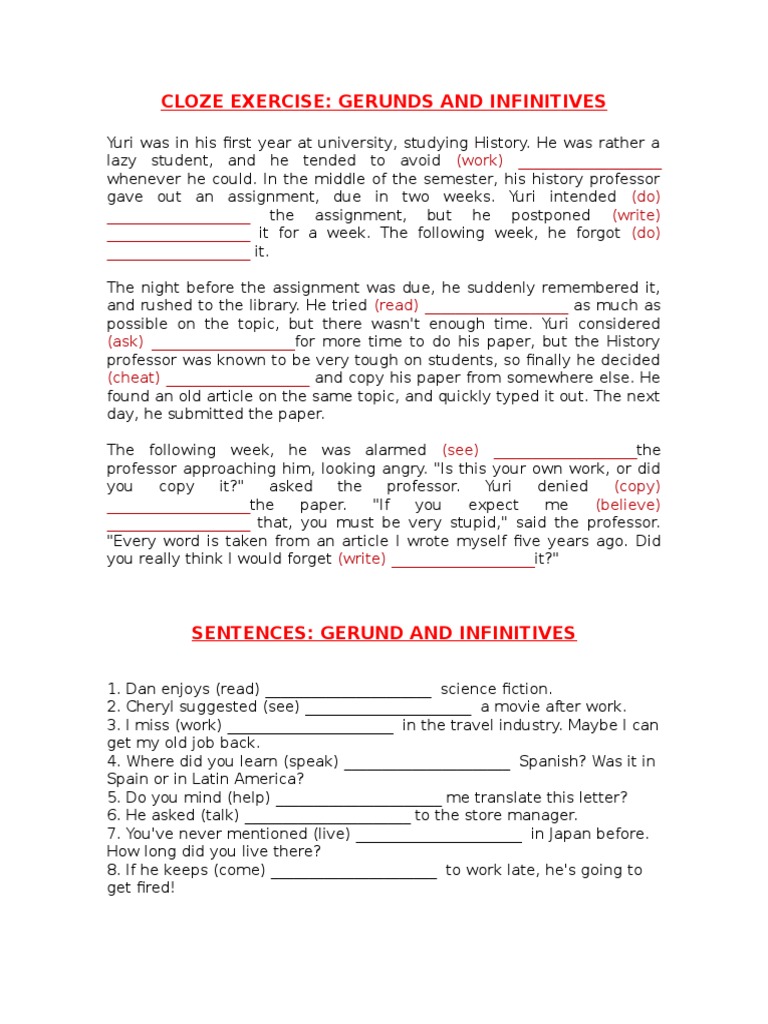 Gerunds and Infinitives Cloze Exercise | PDF