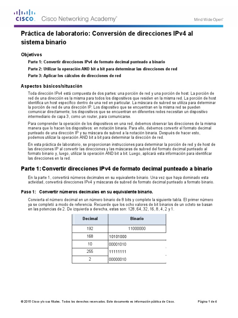 7.1.2.9 Lab - Converting IPv4 Addresses To Binary | PDF | Dirección IP | Poco