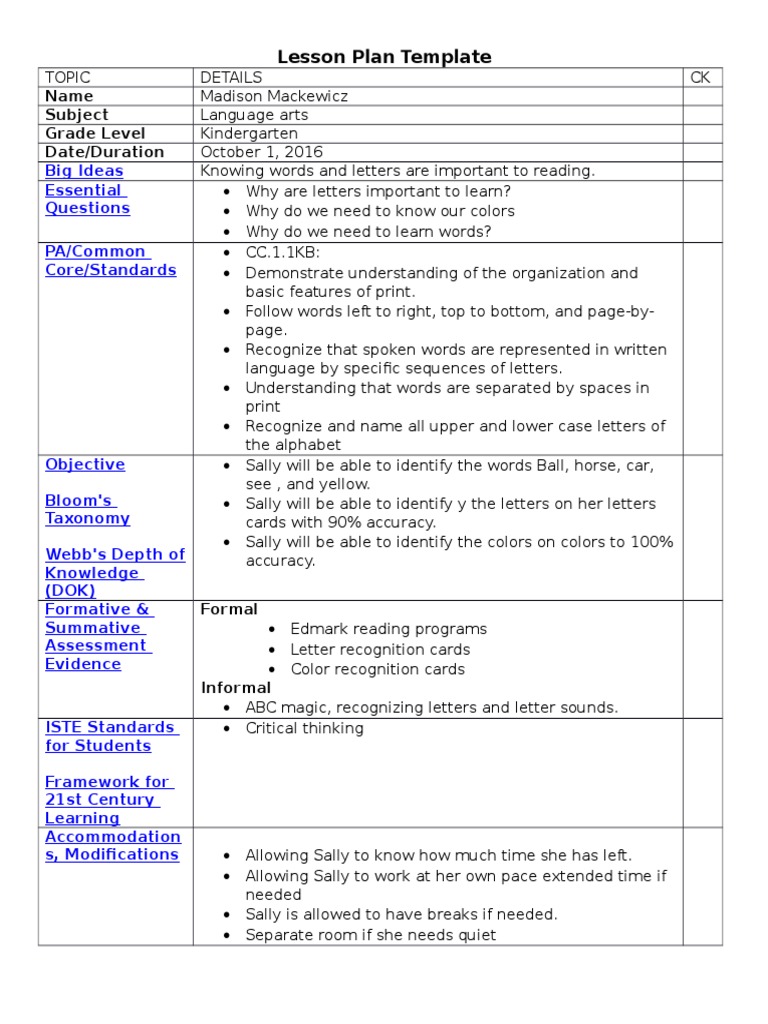 Kindergarten Language Arts Lesson Plan | PDF | Lesson Plan | Learning