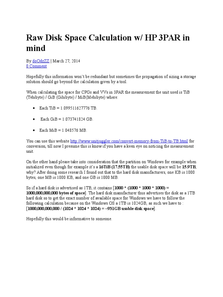 Raw Disk Space Calculation With HP 3PAR in Mind | PDF