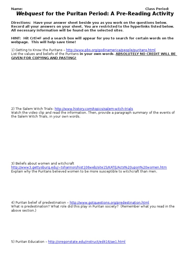 Puritan Webquest | PDF | Puritans | Witchcraft