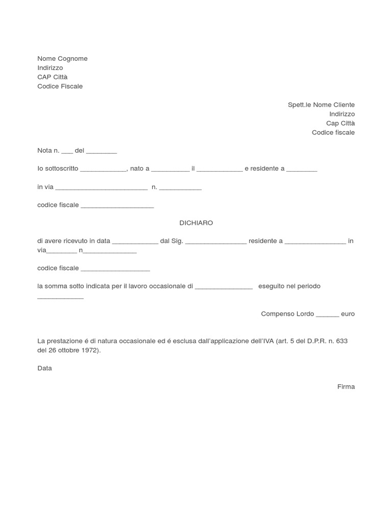 Fac Simile Ricevuta Prestazione Occasionale Tra Privati | PDF
