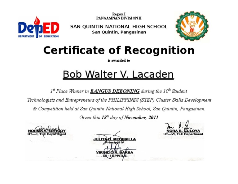Certificate of Recognition: Bob Walter V. Lacaden | PDF