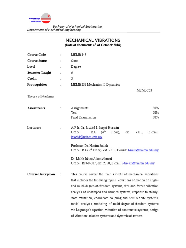 Analysis of Mechanical Vibrations Course Outline for Bachelor of ...