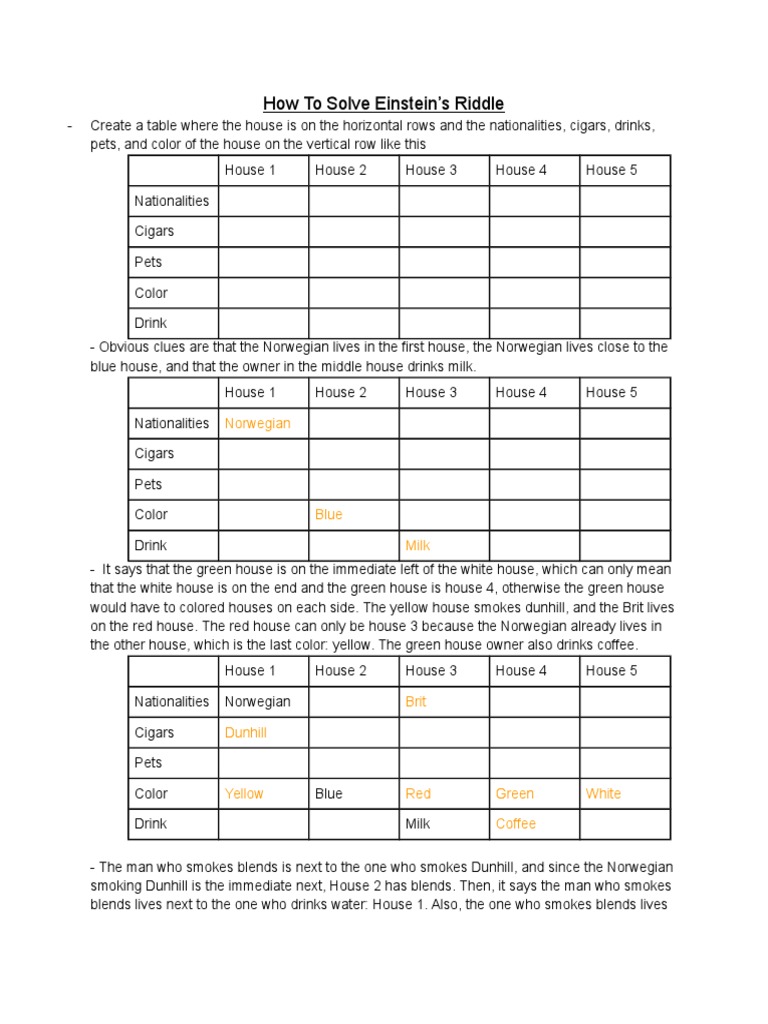 Einsteins Riddle Explanation | PDF | Drink | Yellow