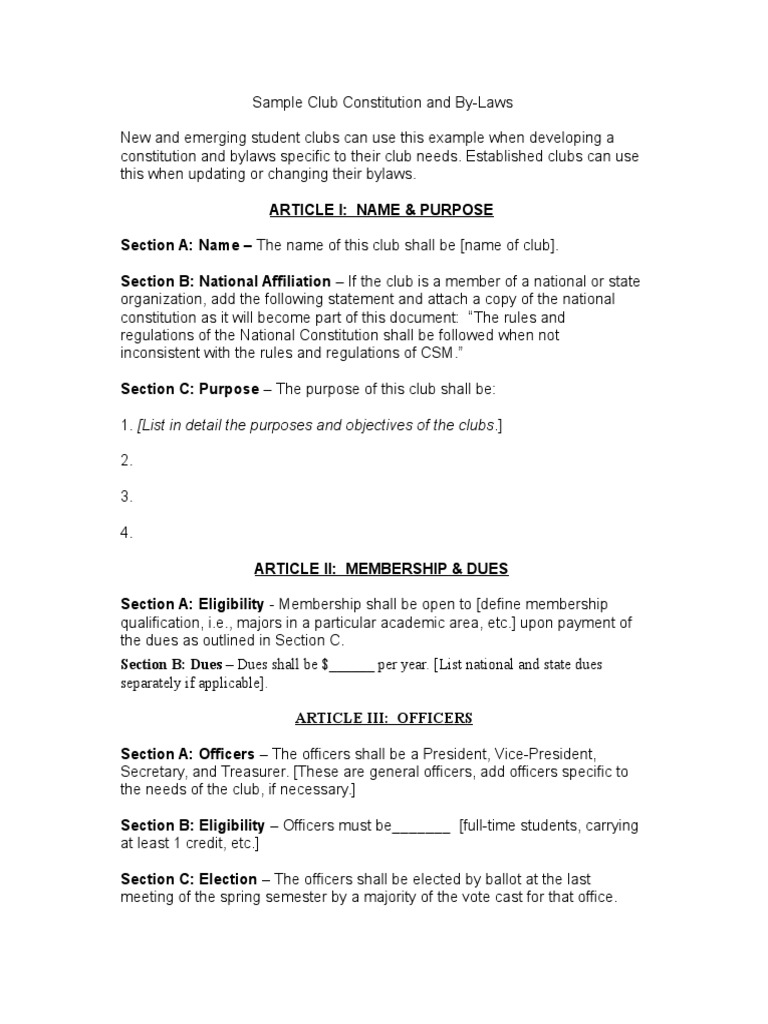 Sample Club Constitution and Bylaws Guidelines | PDF | Committee | By Law
