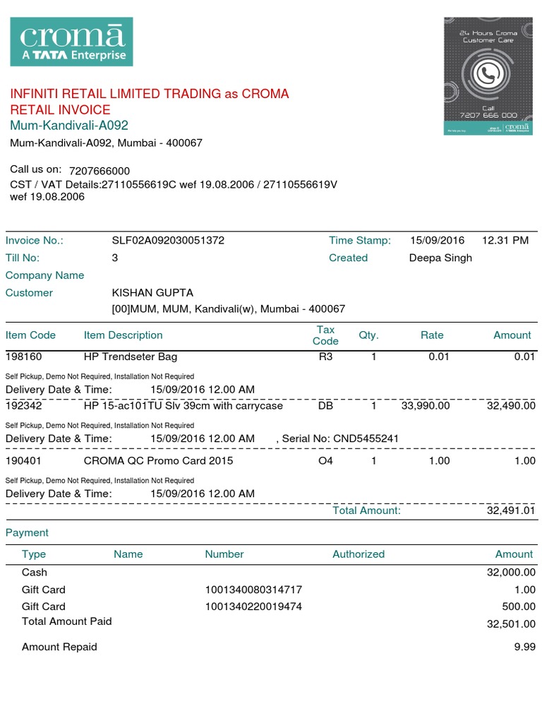Retail Invoice Infiniti Retail Limited Trading As Croma: Mum-Kandivali ...