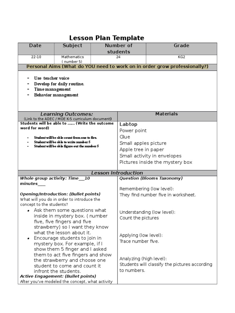 Lesson Plan Template Number 5 | PDF | Lesson Plan | Teaching