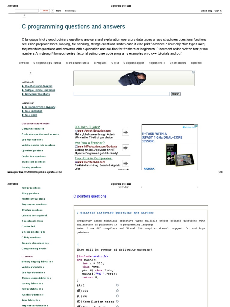 C Pointers Questions Pdf Pdf C Programming Language Pointer 5742