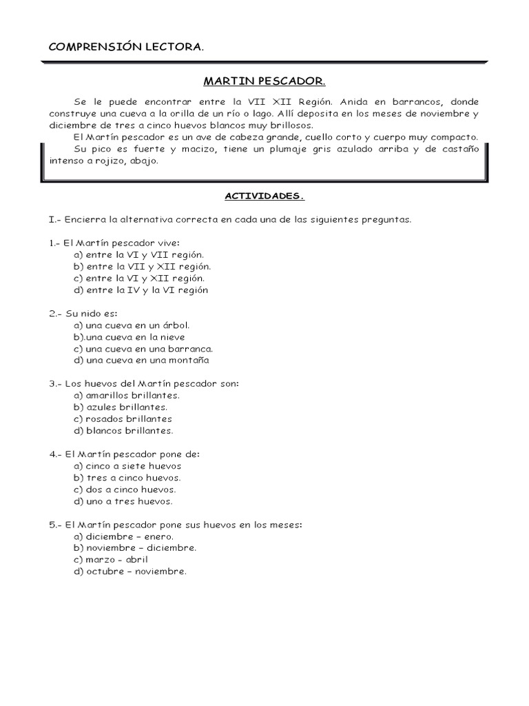 COMPRENSION de Lectura Martin El Pescador | PDF