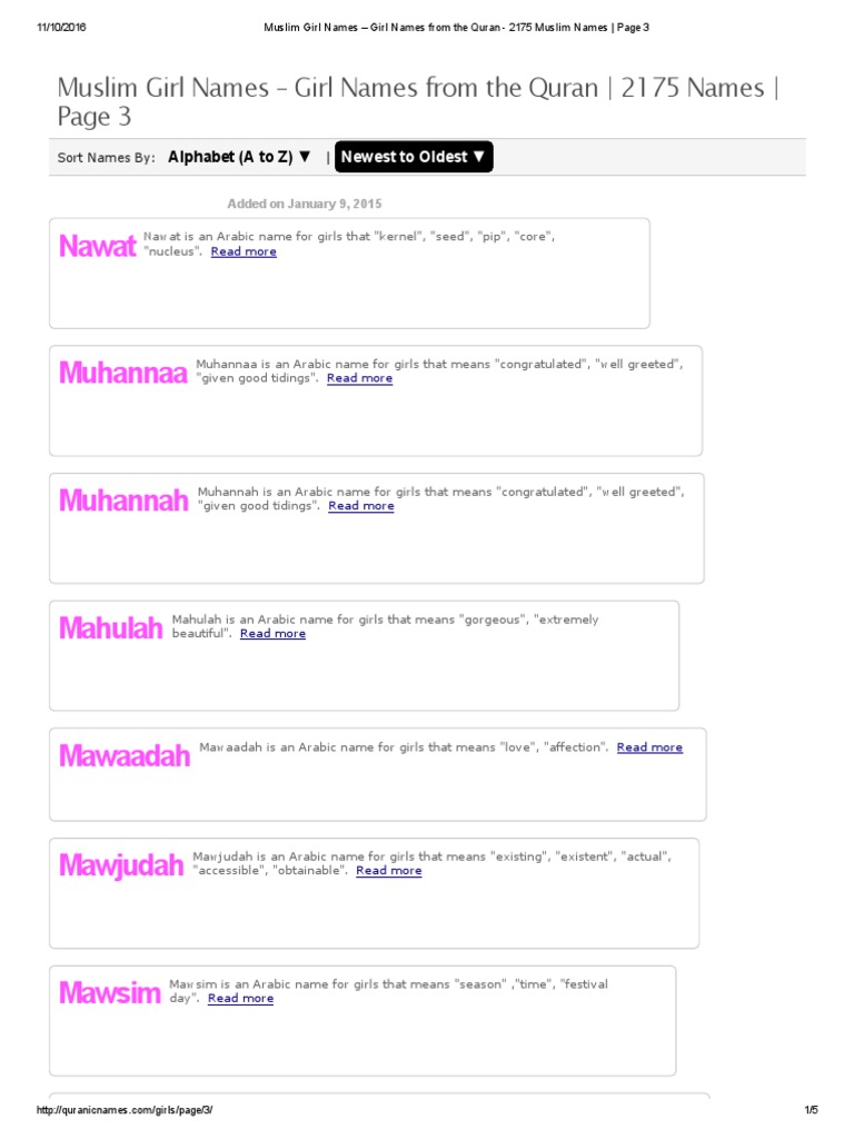 Quranic Muslim Girl Names List | PDF | Arabic | Quran