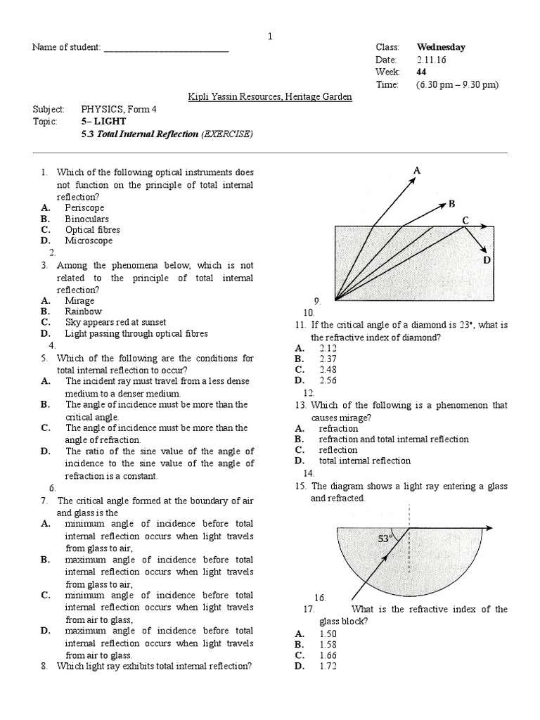 Total Internal Reflection Exercises | PDF | Refraction | Reflection ...